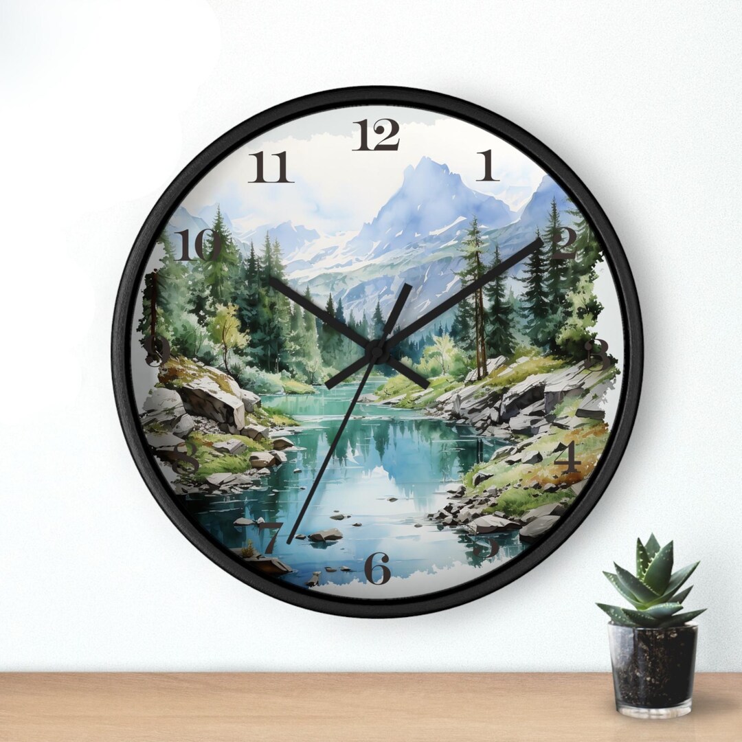 Mountain Cabin Wall Clock | River Scene Clock | Rustic Mountains Clock ...