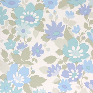 1970s Retro Vintage Wallpaper - Blue and Purple Flowers on White Vinyl ...