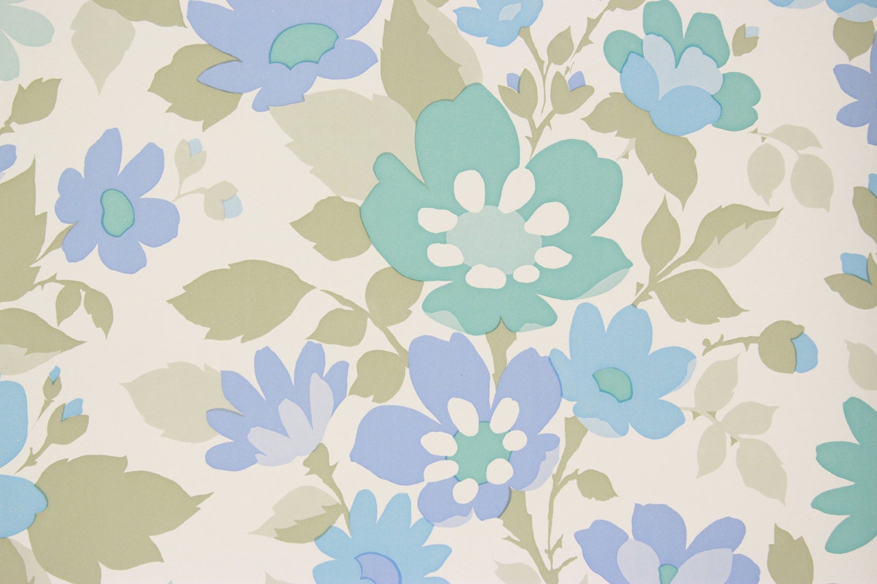 1970s Retro Vintage Wallpaper Blue and Purple Flowers on White | Etsy