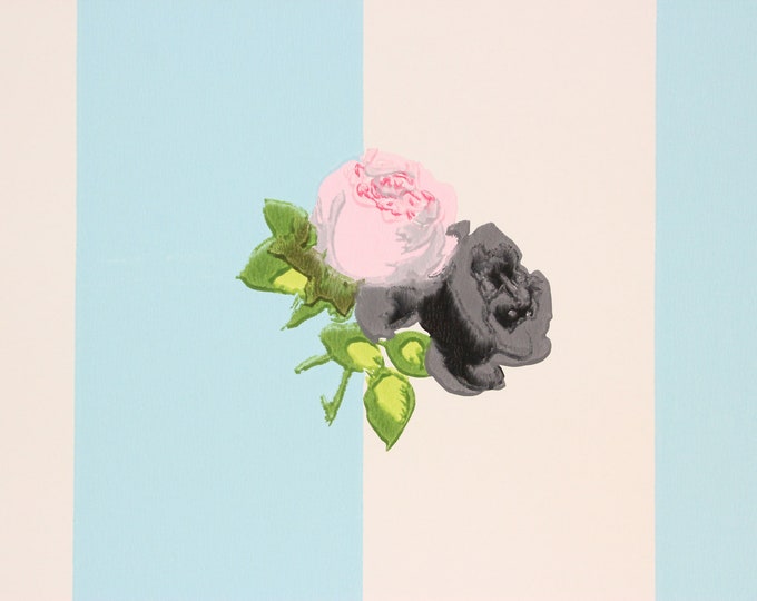 1950s Vintage Wallpaper Black and Pink Roses on Blue Stripe | Etsy