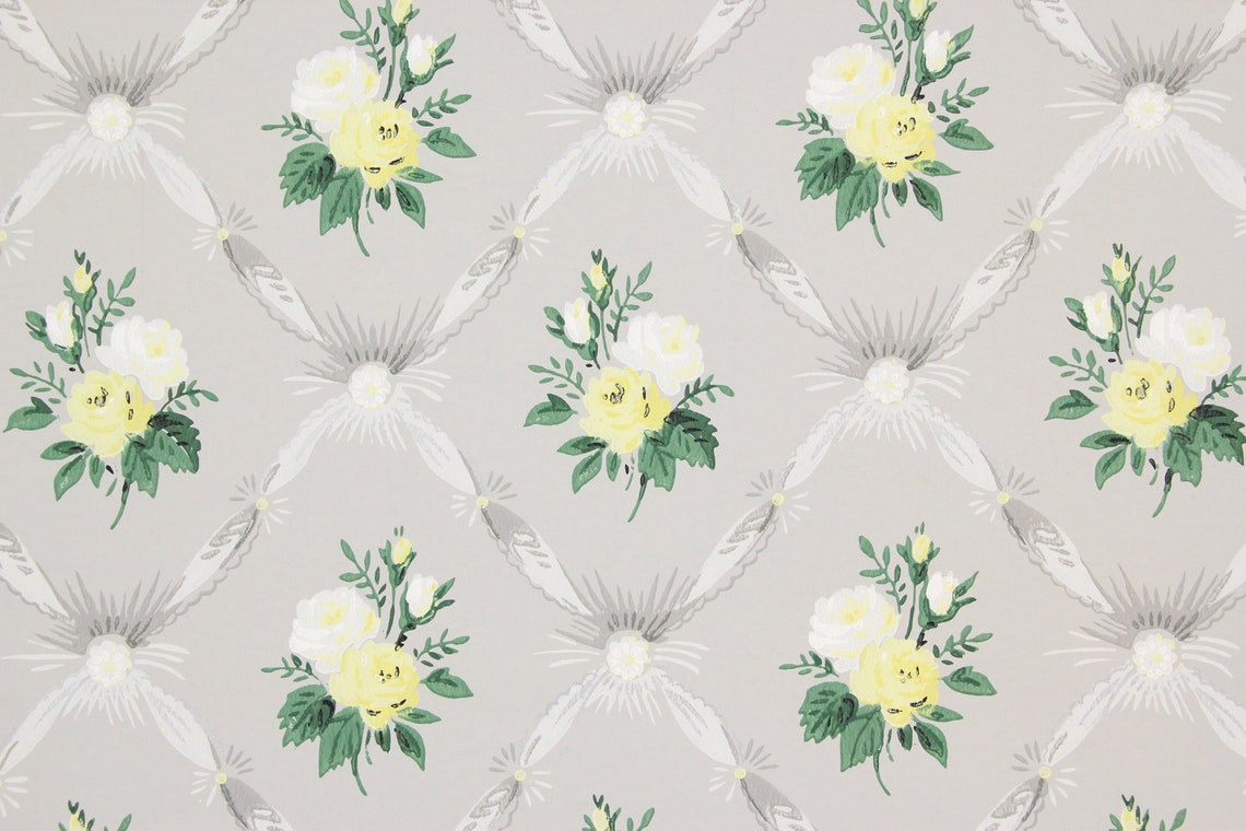 1940s Vintage Wallpaper Yellow and White Roses on Ribbon - Etsy