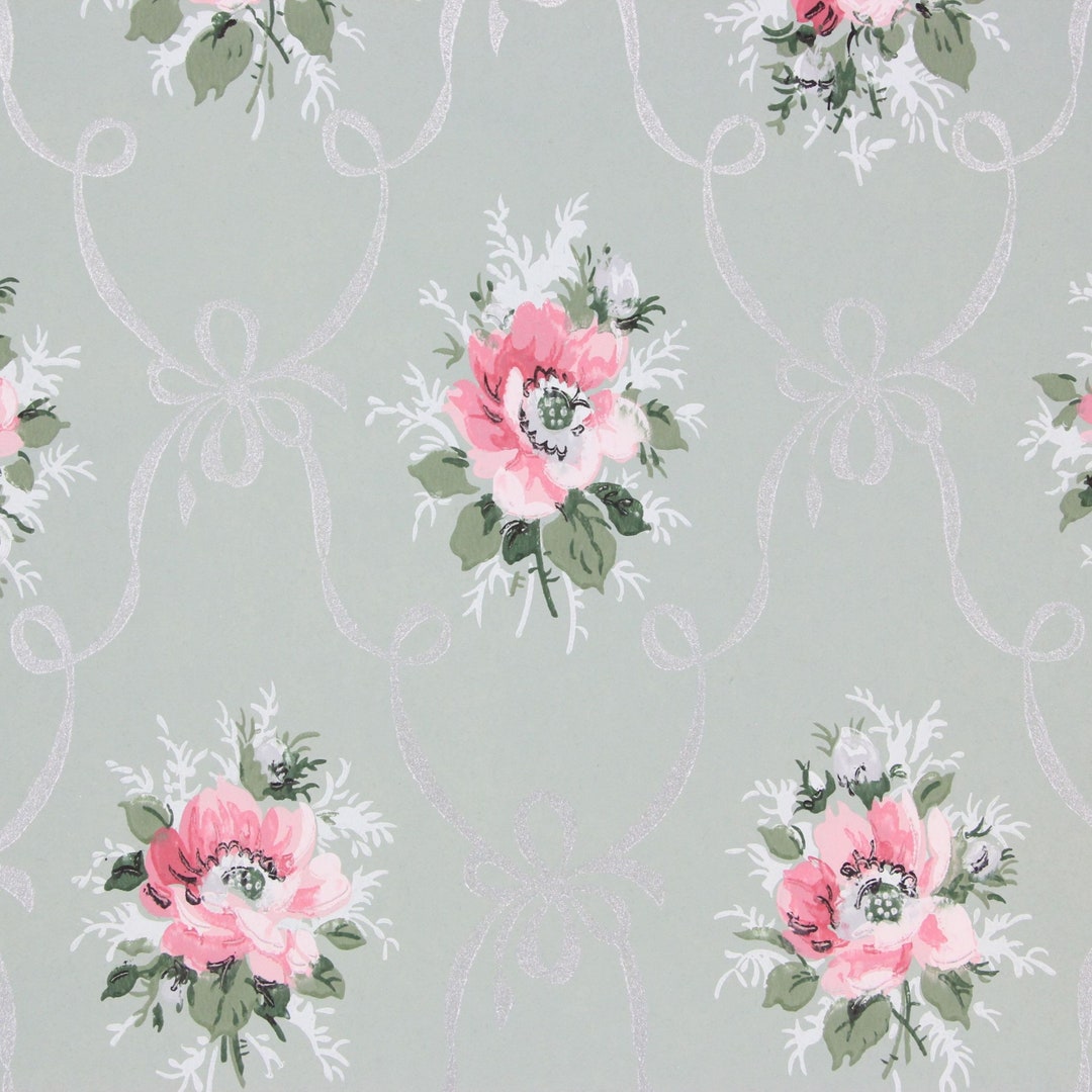 1940s Vintage Wallpaper - Pink Flowers Silver Ribbon on Green, Sold by ...