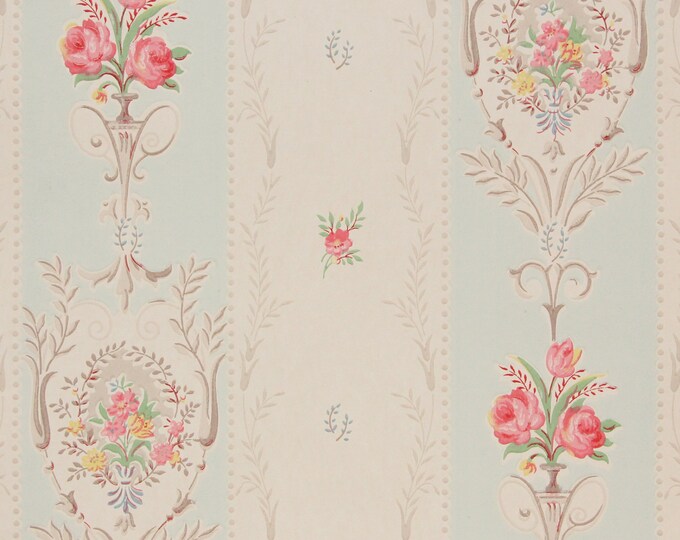 1940s Vintage Wallpaper - Pink Roses & Bouquets on Blue Stripe, Sold by ...