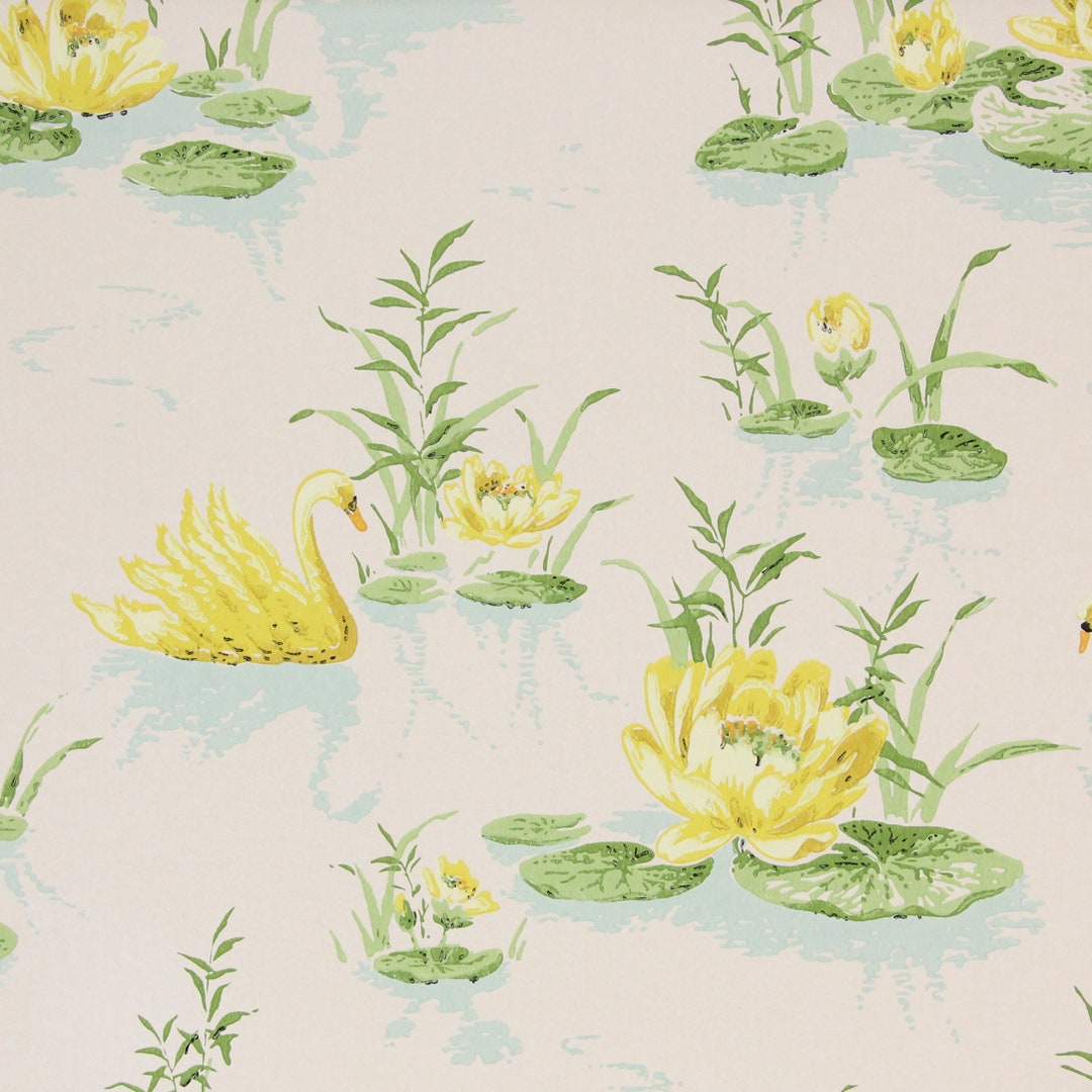 1960s Vintage Wallpaper Yellow Swans on White by the Yard - Etsy