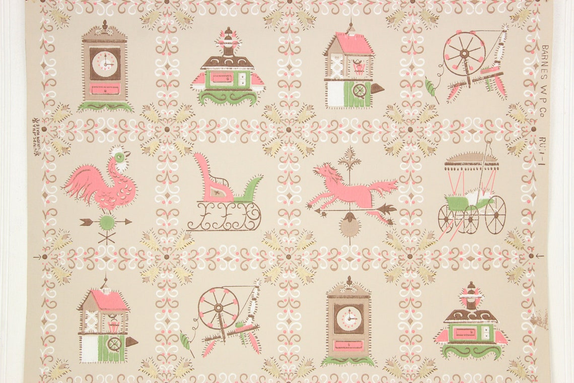 1950s Vintage Wallpaper Folk Art Rooster Antique Clock on - Etsy