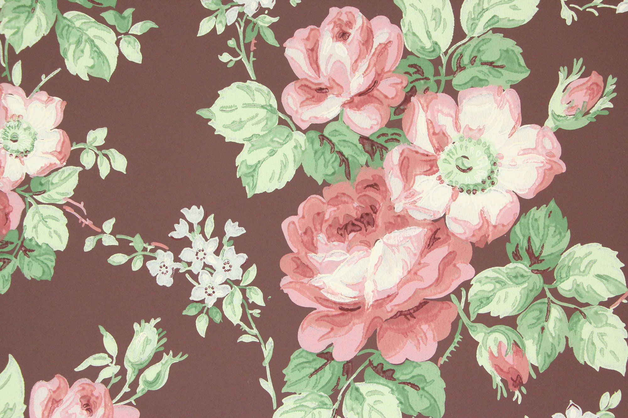 1940s Vintage Wallpaper Large Pink Cabbage Roses on Burgundy | Etsy