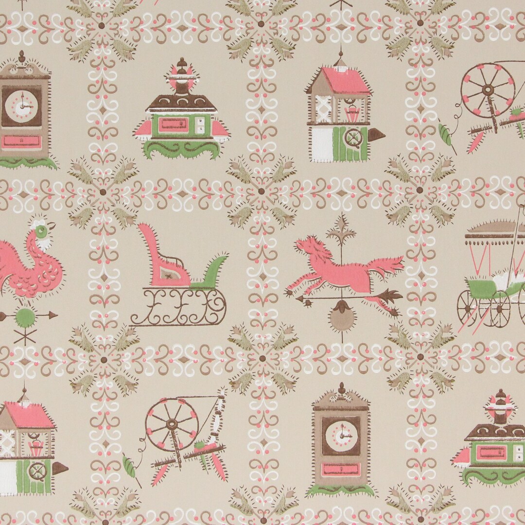 1950s Vintage Wallpaper - Folk Art Rooster Antique Clock on Beige, Sold ...