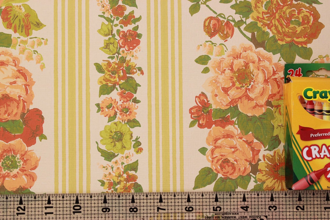 1960s Vintage Wallpaper Retro Orange and Green Flower Stripe - Etsy