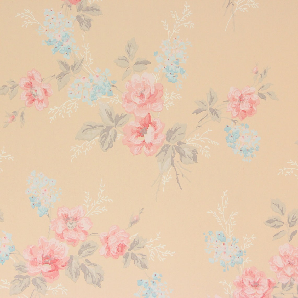 1940s Vintage Wallpaper - Pink Rose Bouquets on Peach, Sold by the Yard ...