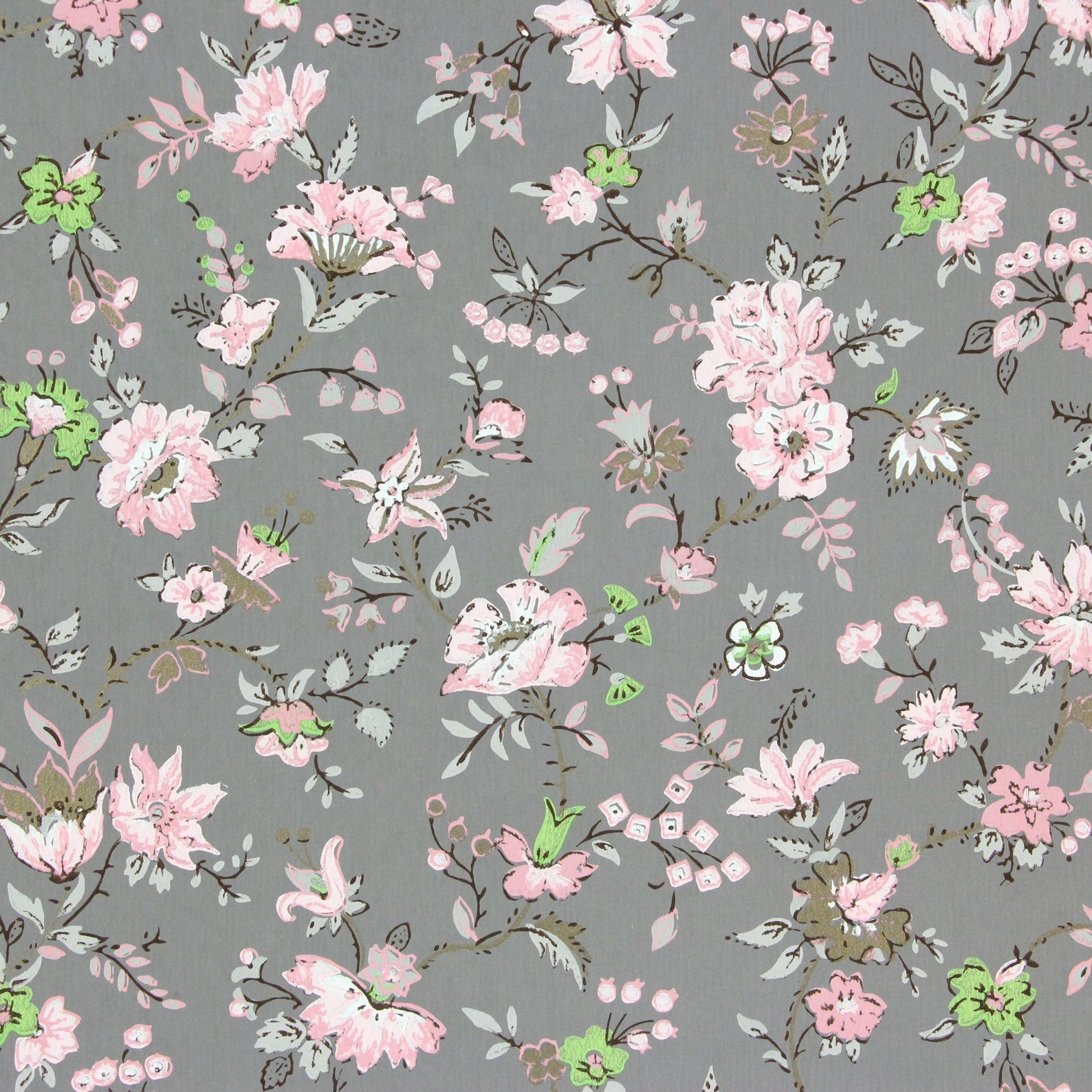1940s Vintage Wallpaper - Pink Flowers and Roses on Gray, Sold by the ...
