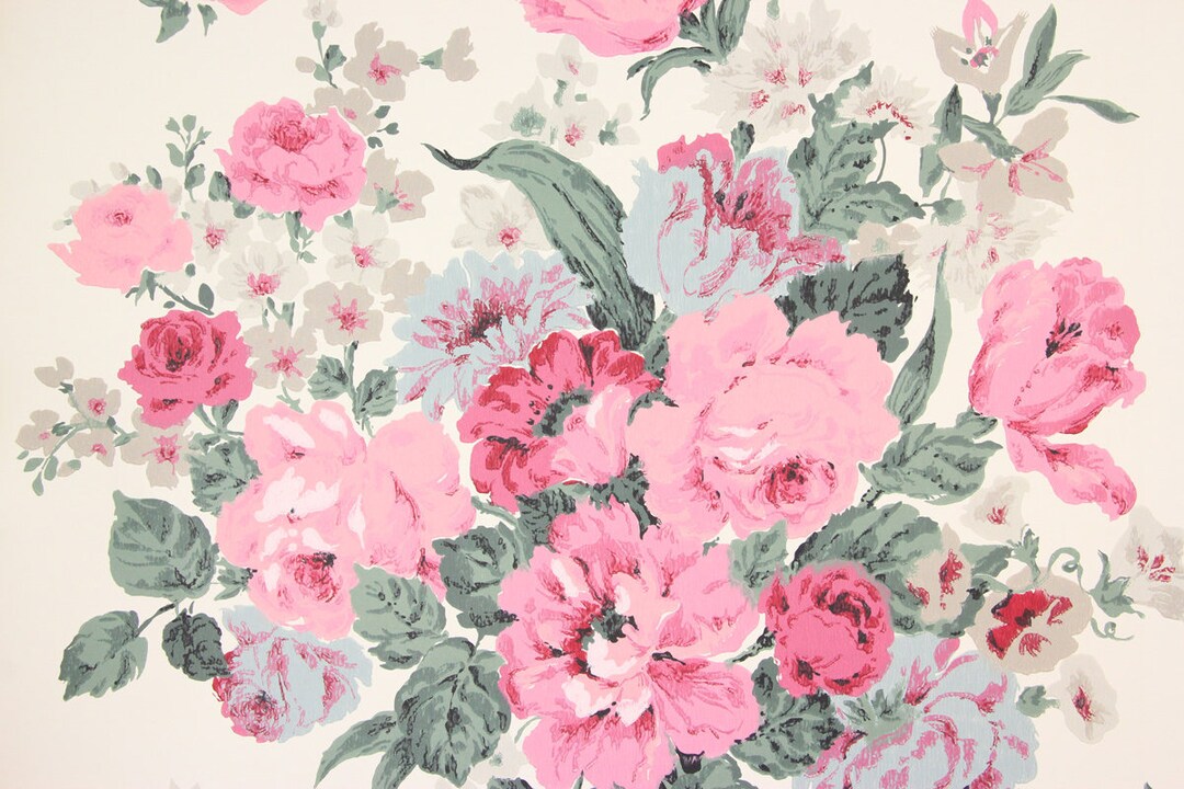 1960s Vintage Wallpaper Large Pink Rose Bouquet on White by - Etsy