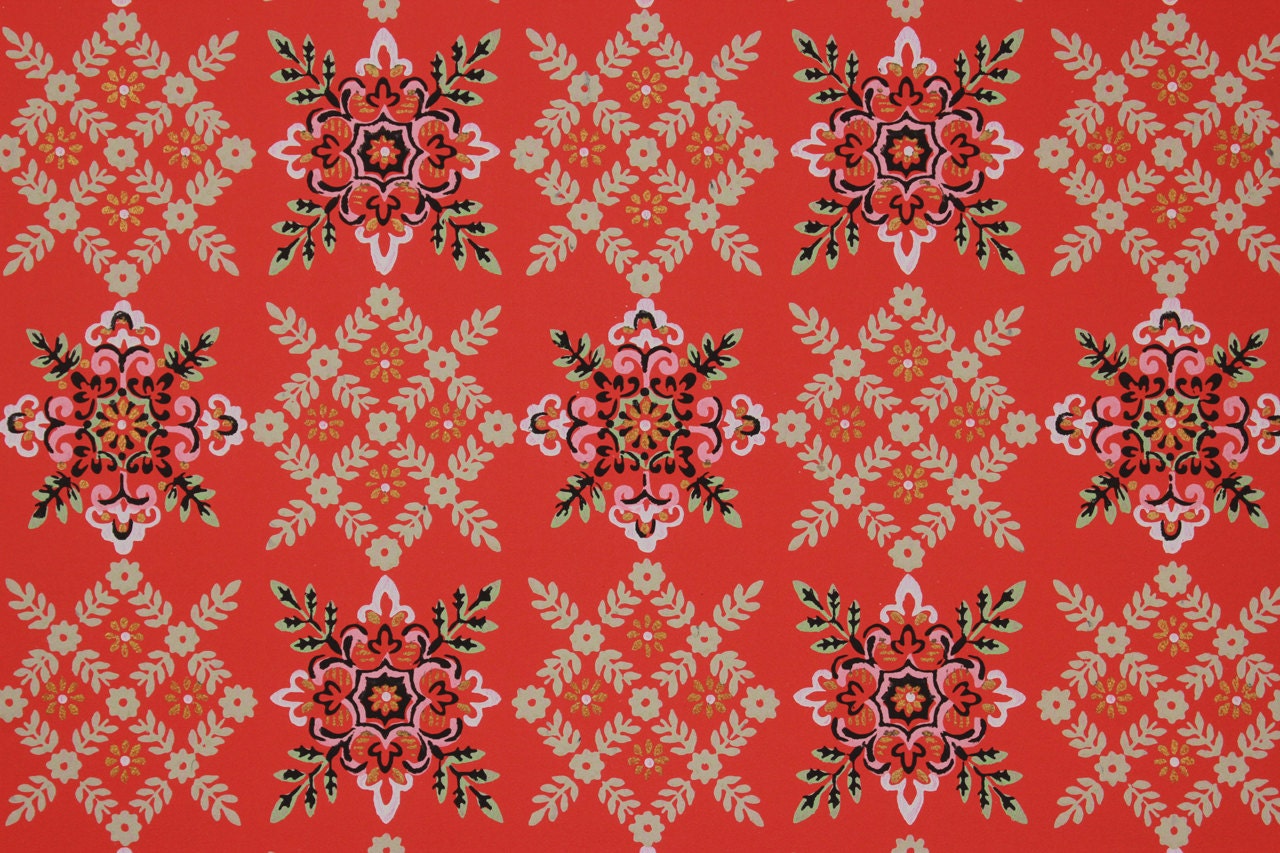 1950s Vintage Wallpaper Pink and Red Floral Geometric on Red | Etsy
