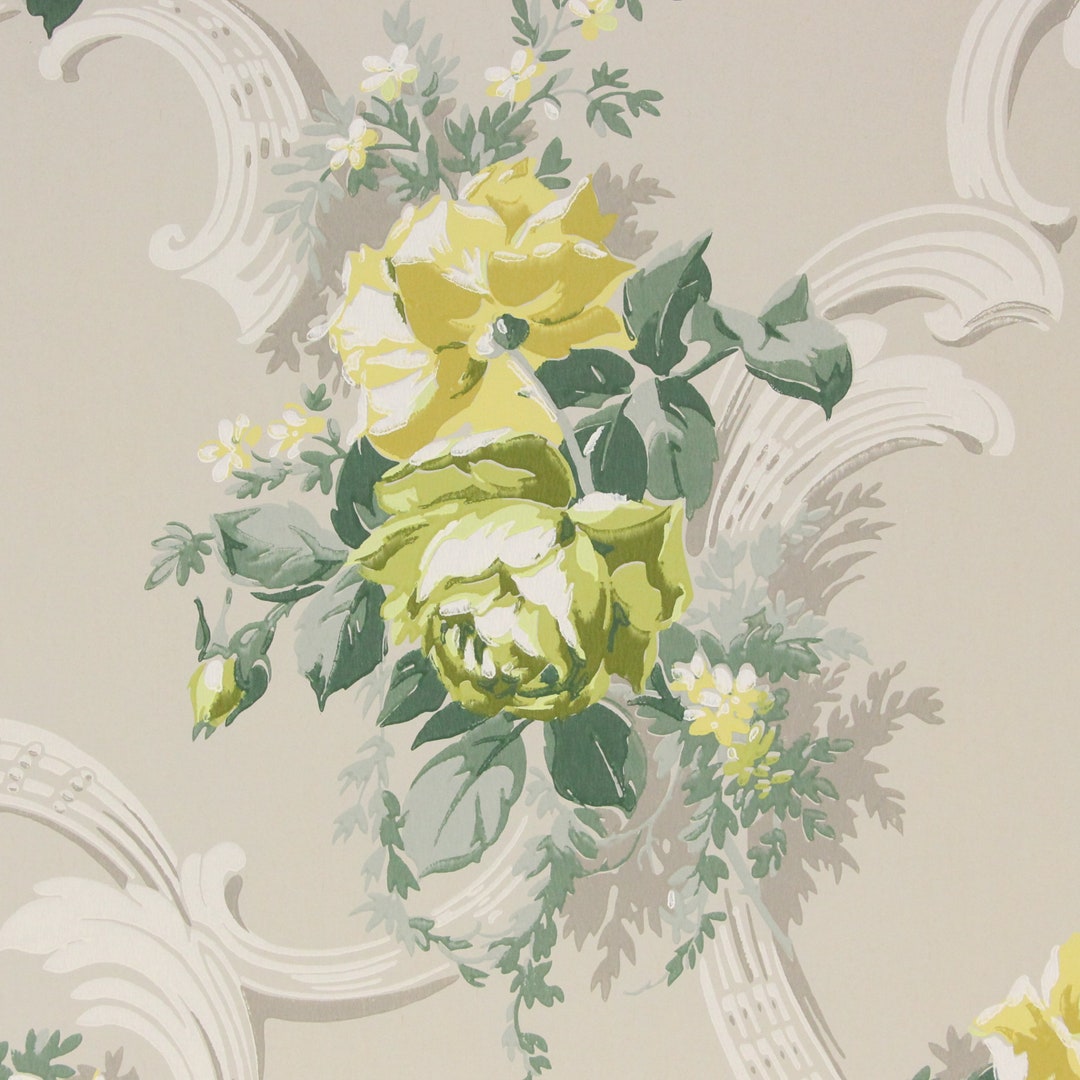 1940s Vintage Wallpaper - Yellow Roses and Scrolls on Gray, Sold by the Yard - Etsy