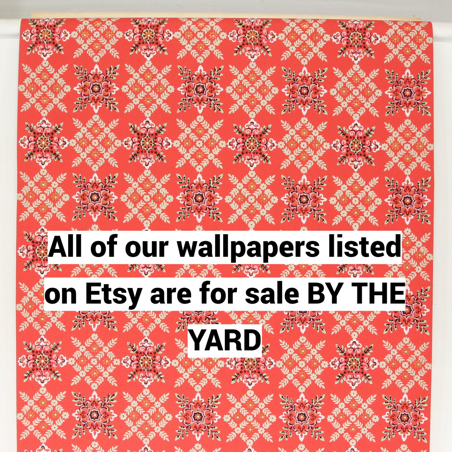 1950s Vintage Wallpaper - Pink and Red Floral Geometric on Red, Sold by ...