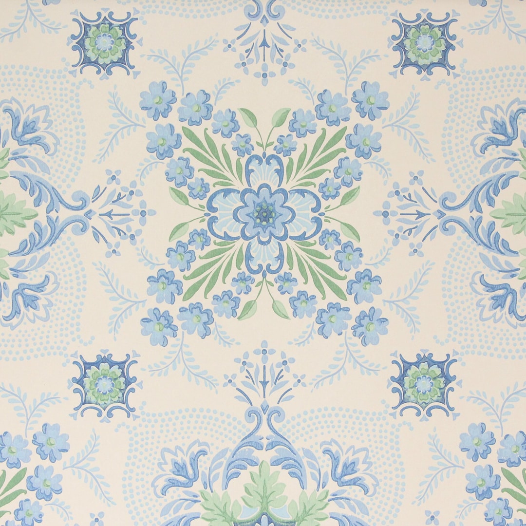 1970s Vintage Wallpaper - Large Blue Green Floral Geometric, Sold by ...