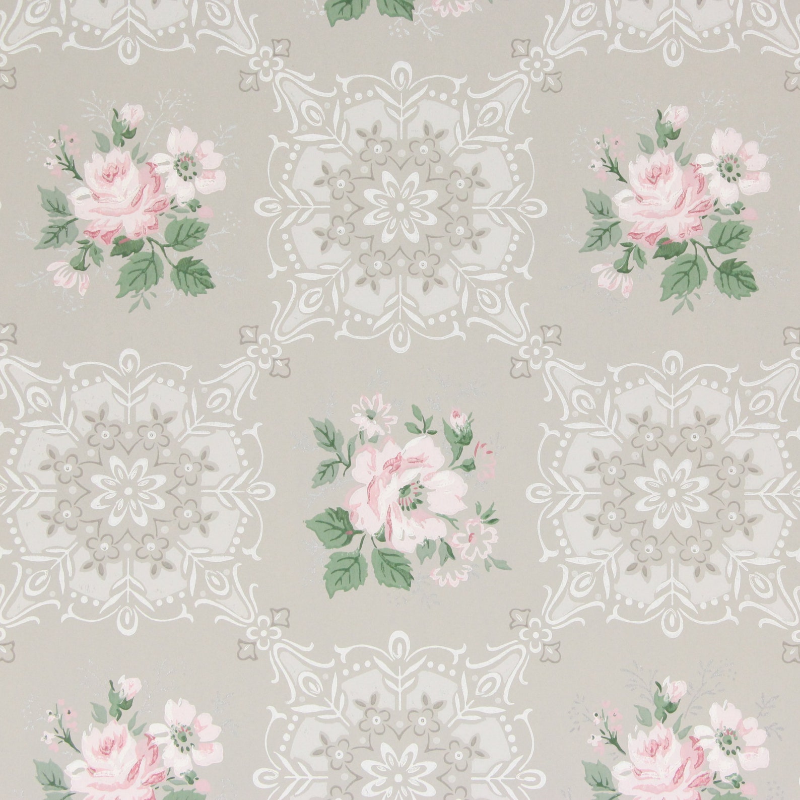 1950s Vintage Wallpaper Pink Roses on Gray by the Yard | Etsy