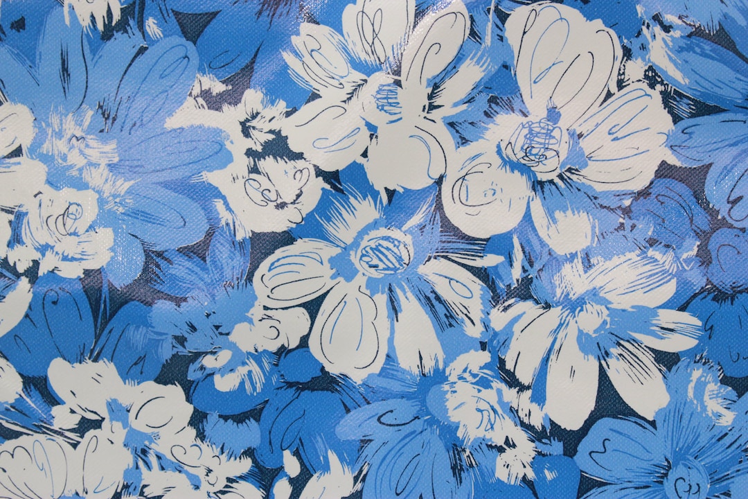1970s Vintage Wallpaper Vinyl Retro Blue and White Flowers by - Etsy
