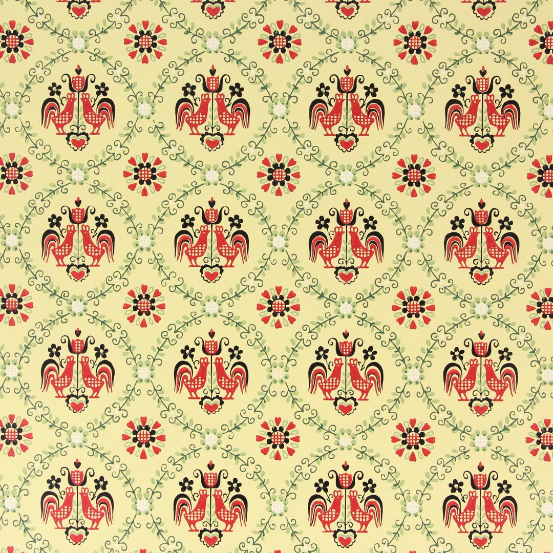 1960s Vintage Wallpaper - Folk Art Red Roosters on Yellow, Sold by the ...