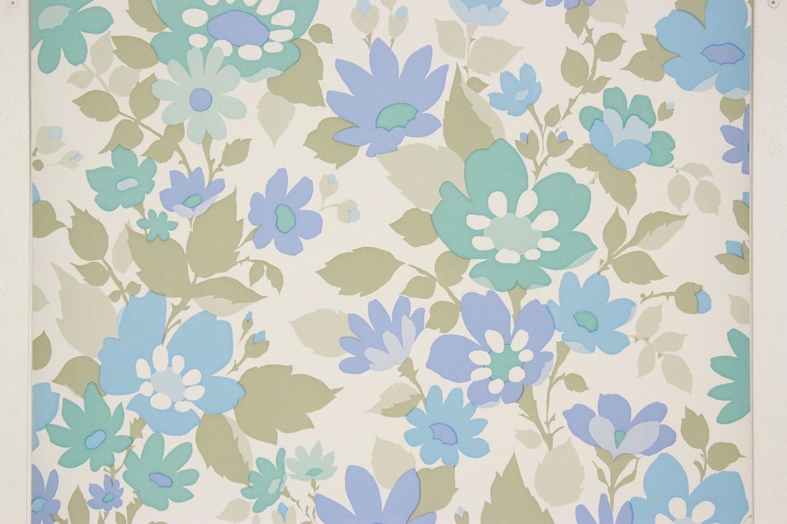 1970s Retro Vintage Wallpaper Blue and Purple Flowers on White - Etsy