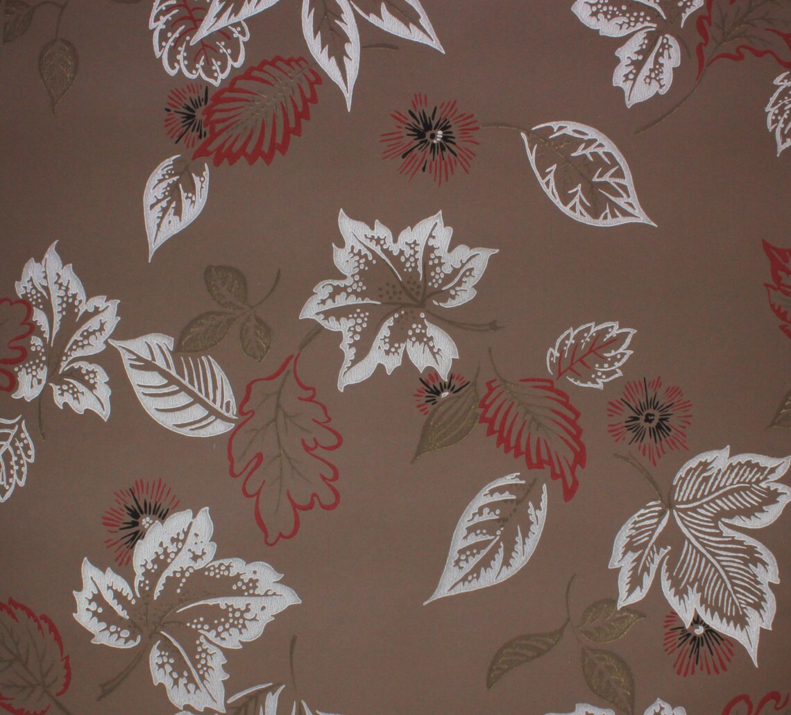 1950s Vintage Wallpaper Botanical Red and Silver Metallic | Etsy