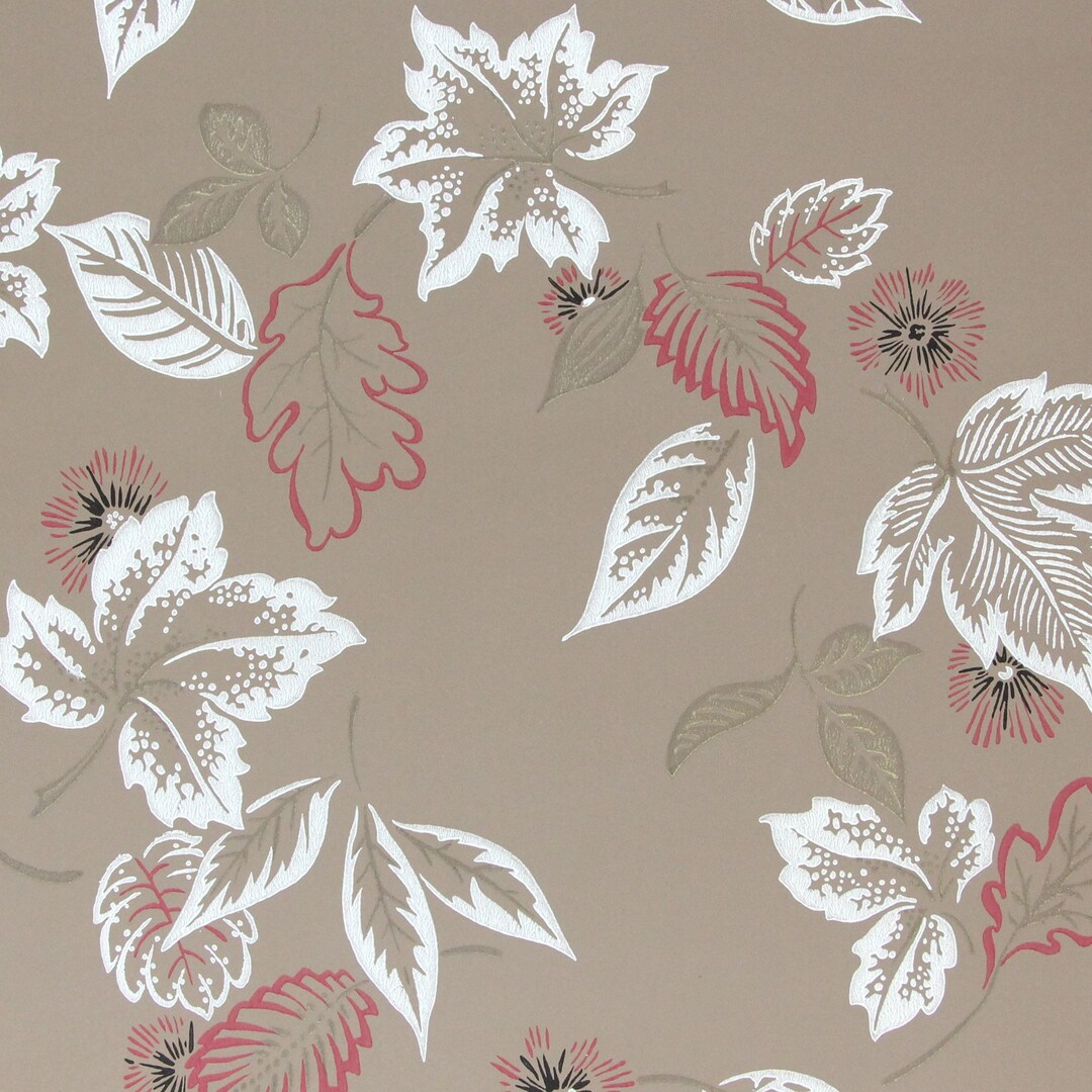 1950s Vintage Wallpaper - Botanical Red and Silver Metallic Leaves on ...