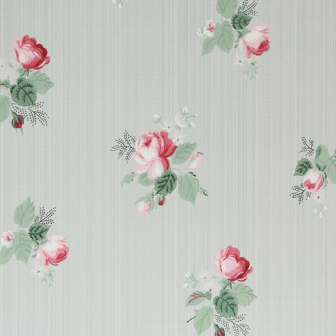 1950s Vintage Wallpaper - Pink Roses on Blue, Sold by the Yard - Etsy