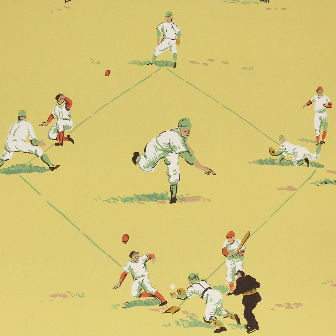 1950s Vintage Wallpaper - Baseball Team Players Dugout on Yellow, Sold ...