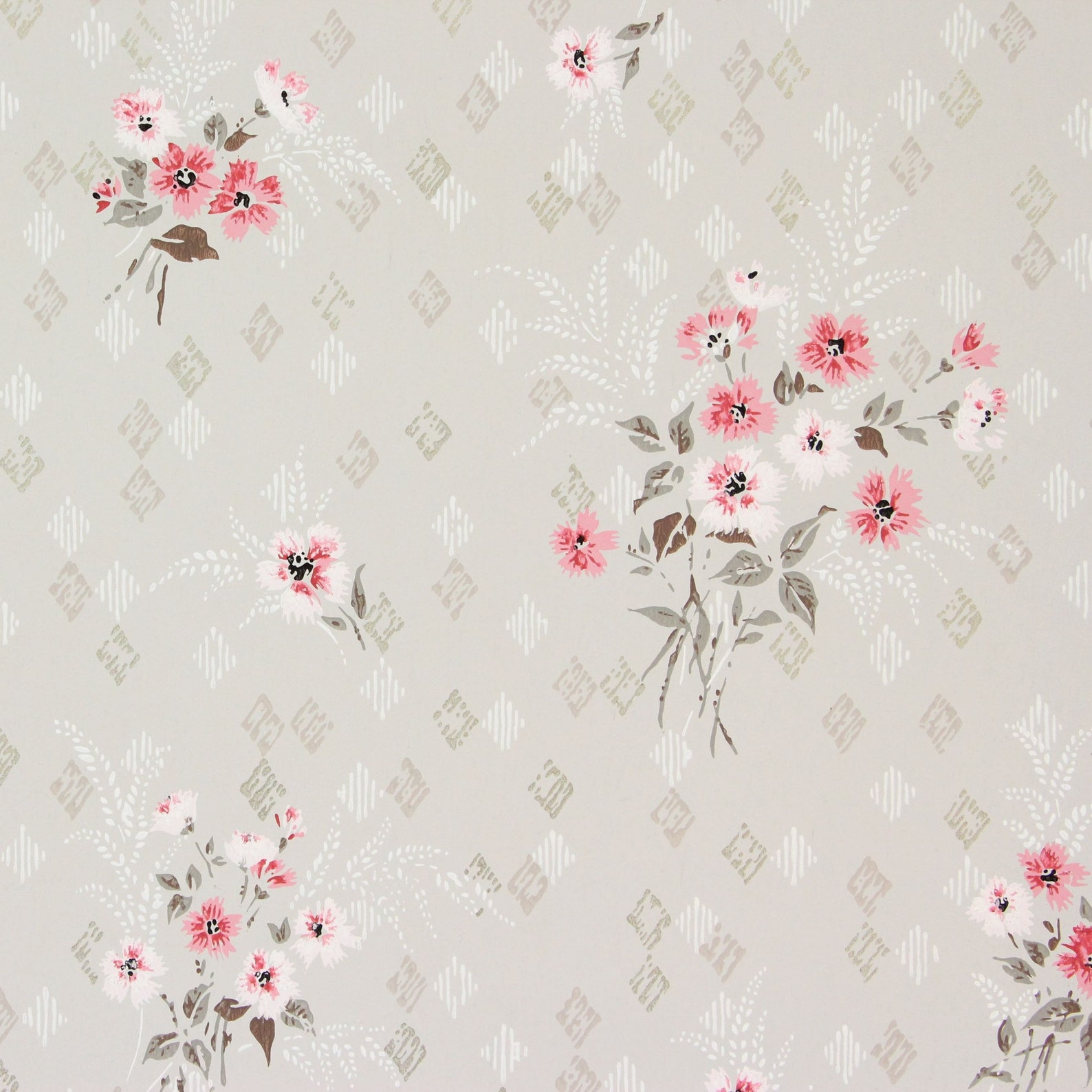 1940s Vintage Wallpaper Pink Flower Bouquets on Gray by the | Etsy