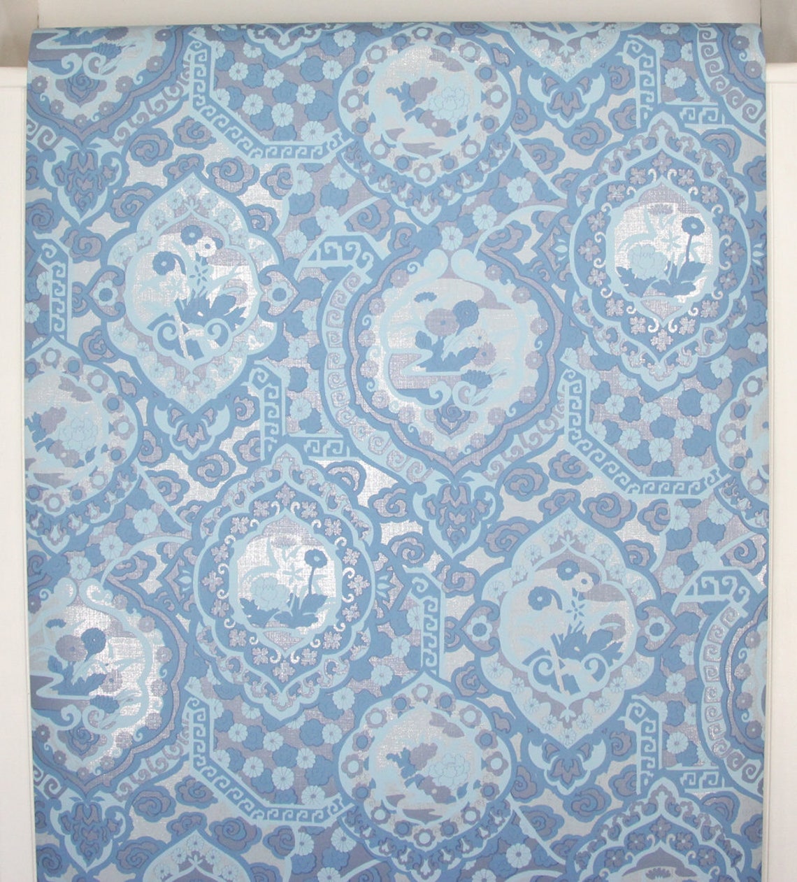 1970s Vintage Wallpaper Retro Blue Silver Damask Flowers - Etsy