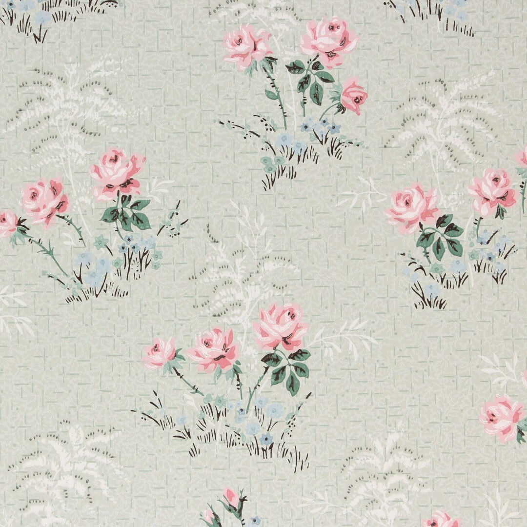 1940s Vintage Wallpaper - Pink Roses on Light Green, Sold by the Yard ...