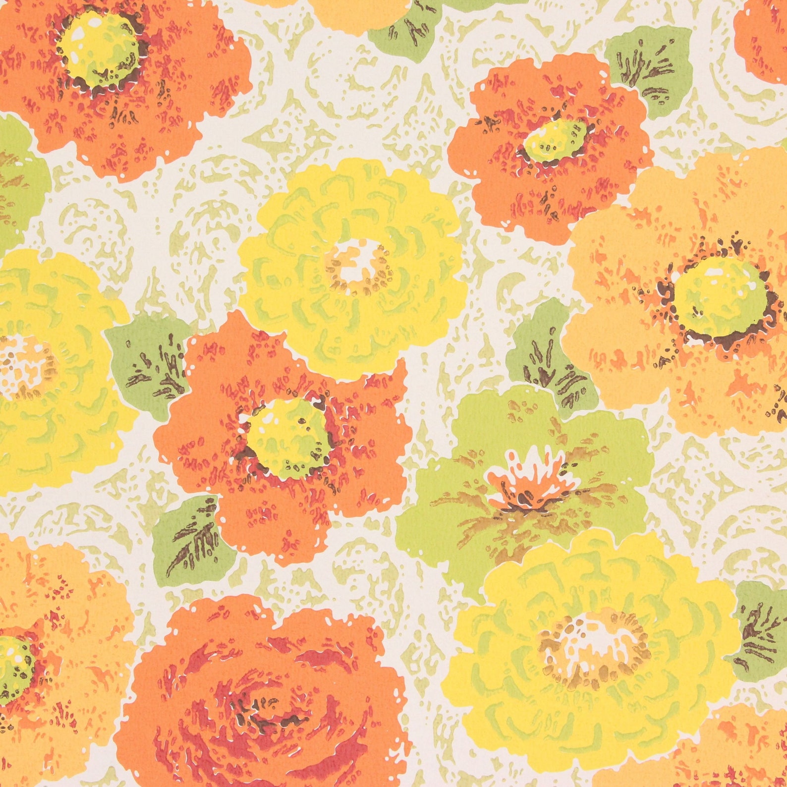 1960s Vintage Wallpaper Retro Orange Yellow Green Flowers on | Etsy