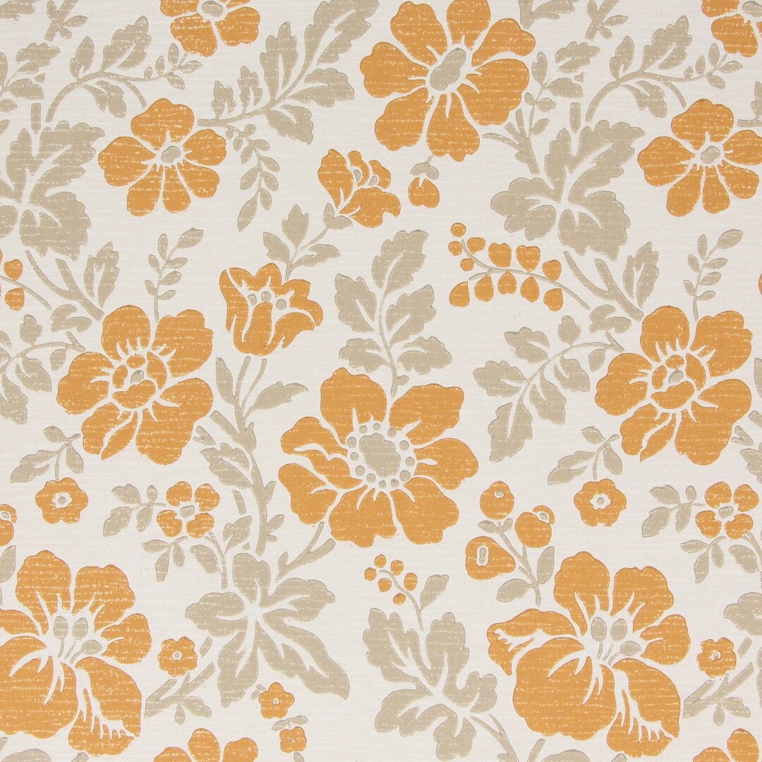 1960s Vintage Wallpaper - Retro Orange Flowers on White, Sold by the ...