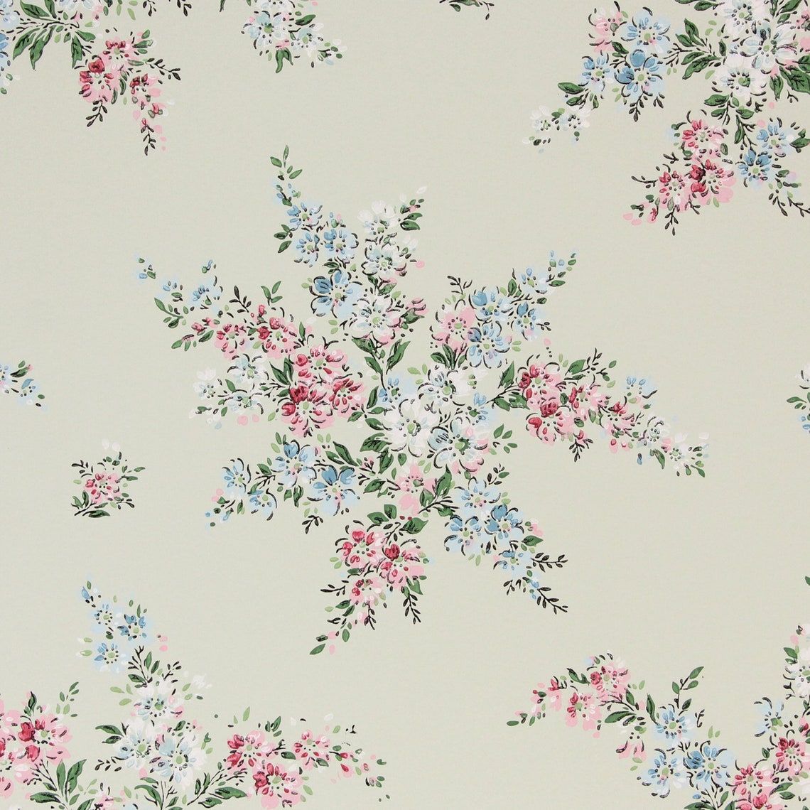 1950s Vintage Wallpaper - Pink Blue Bouquets on Green, Sold by the Yard ...
