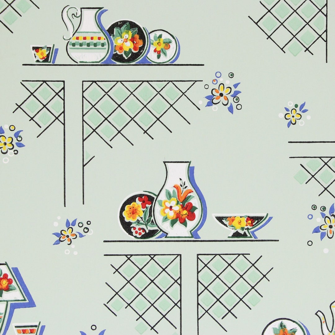 1940s Vintage Wallpaper - Bright Flowers Vase on Green, Sold by the ...