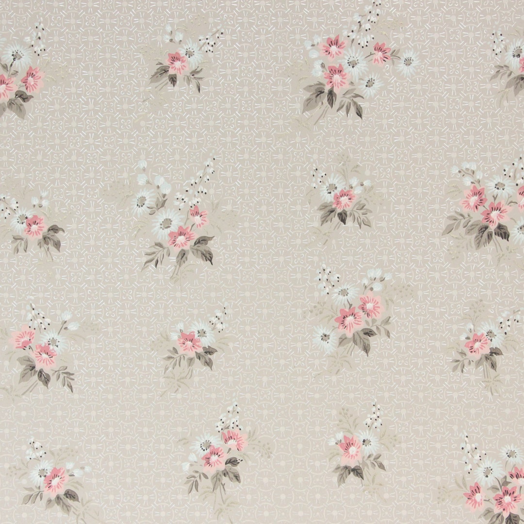 1940s Vintage Wallpaper - Pink Blue Bouquets on Gray, Sold by the Yard ...
