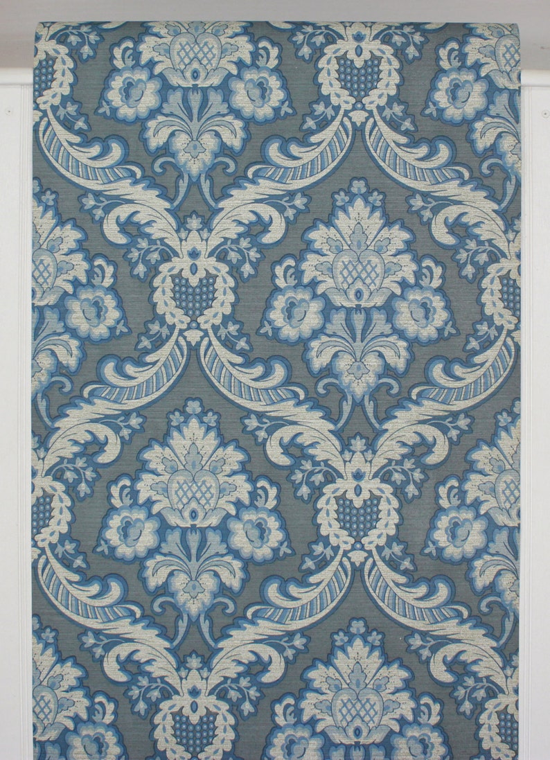 1970s Retro Vintage Wallpaper Blue Floral Damask on Vinyl by - Etsy