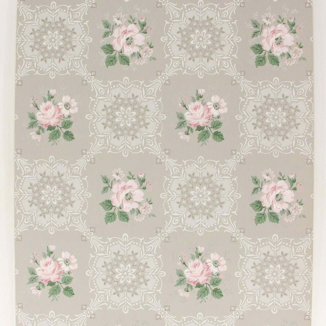 1950s Vintage Wallpaper Pink Roses on Gray by the Yard | Etsy