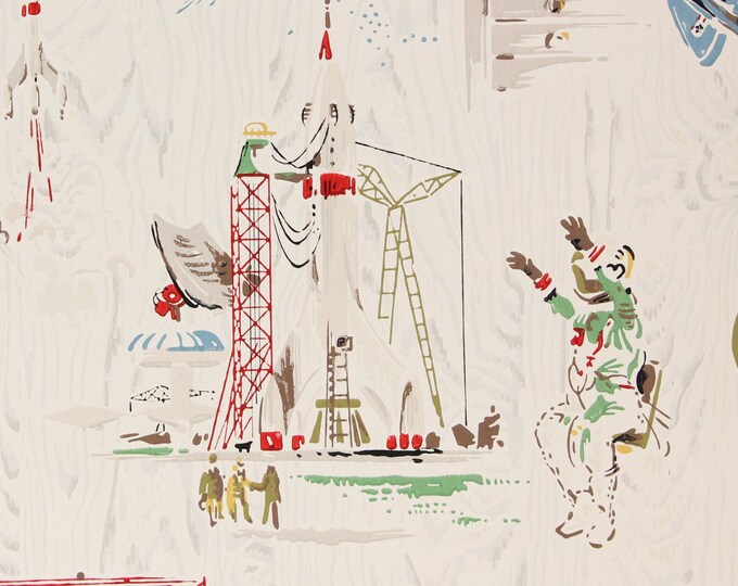 1950s Vintage Wallpaper Spaceship Astronaut Globe Study Desk on Wood ...