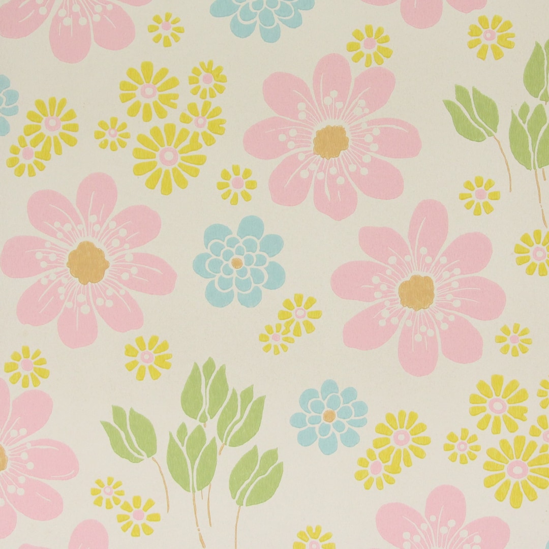 1960s Vintage Wallpaper - Retro Pink and Blue Flowers on White, Sold by ...