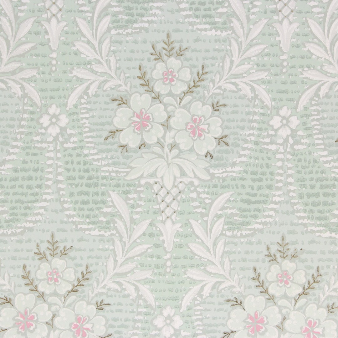 1950s Vintage Wallpaper - Pink White Bouquets on Green, Sold by the ...