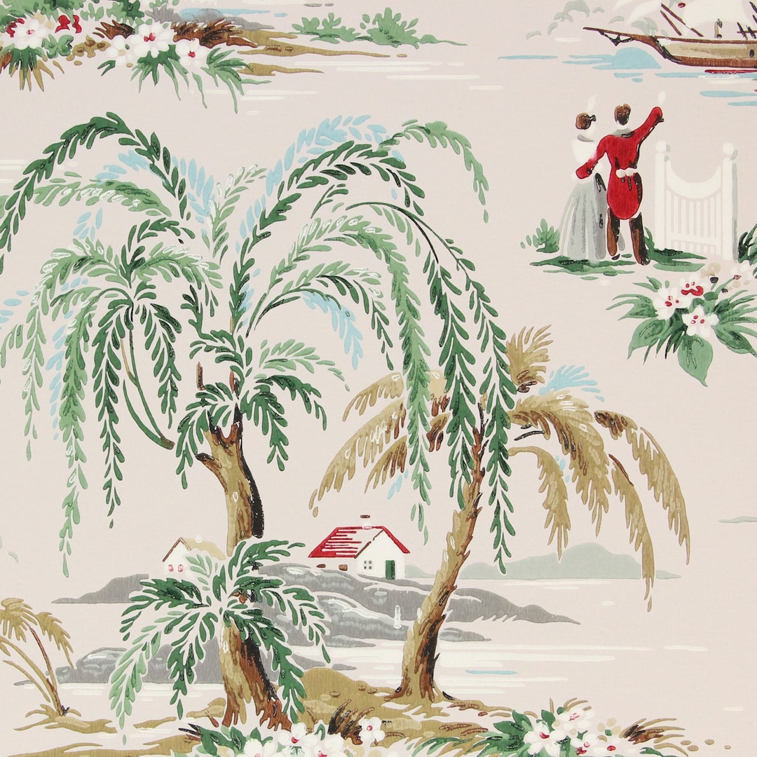 1940s Vintage Wallpaper - Tropical Island Sailing Ships on Gray, Sold ...