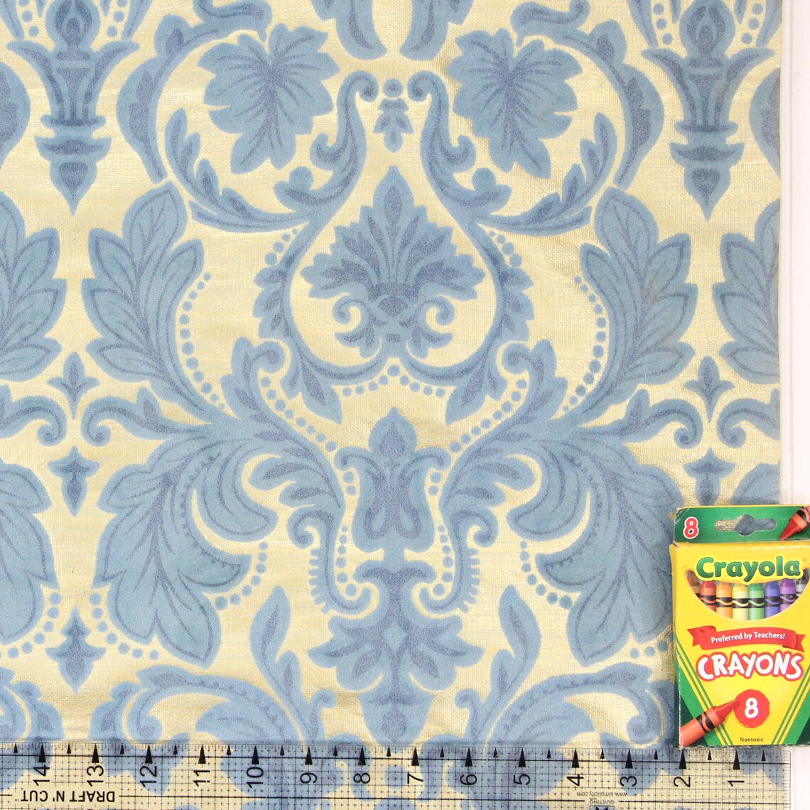 1970s Retro Vintage Flock Wallpaper - Blue Damask Design on Gold, Sold ...