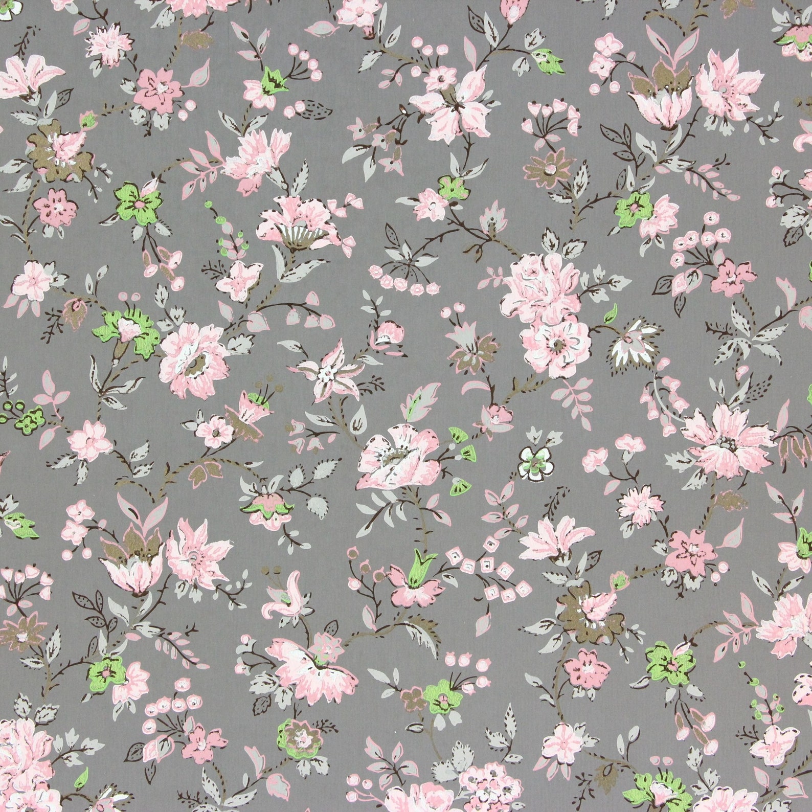 1940s Vintage Wallpaper - Pink Flowers and Roses on Gray, Sold by the ...