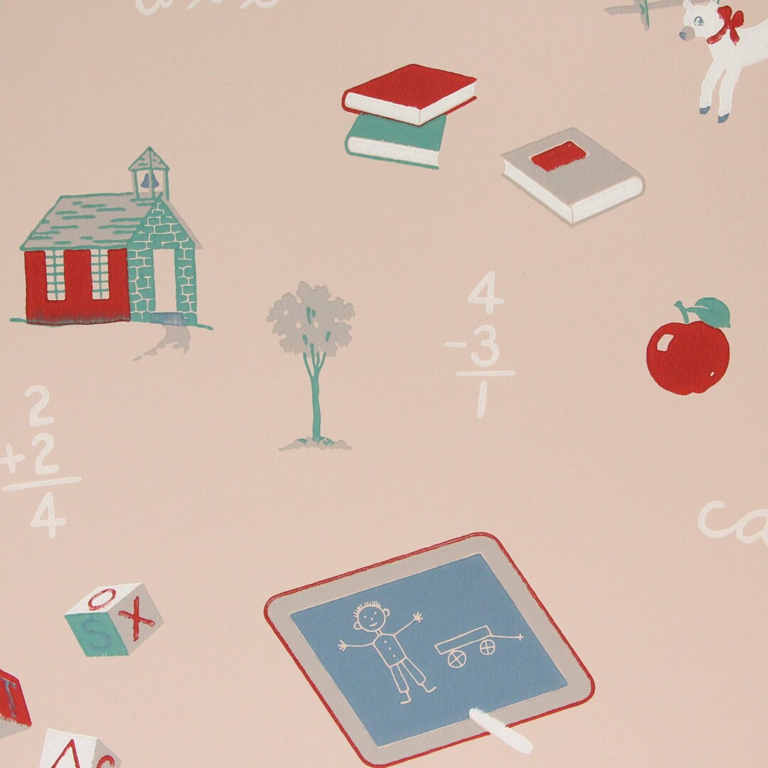 1940s Vintage Nursery Wallpaper - Schoolhouse Books Blocks Chalkboard on Pink, Sold by the Yard ...