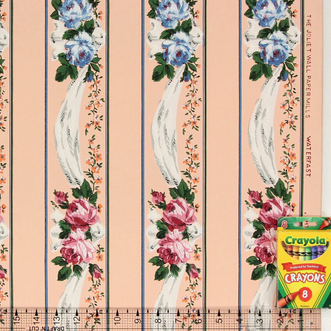 1940s Vintage Wallpaper Border - Pink Blue Roses With White Swag on ...