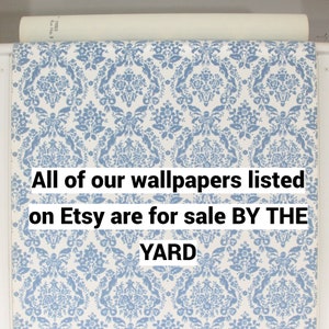 1970s Retro Vintage Wallpaper - Blue Flock Damask on White, Sold by the ...