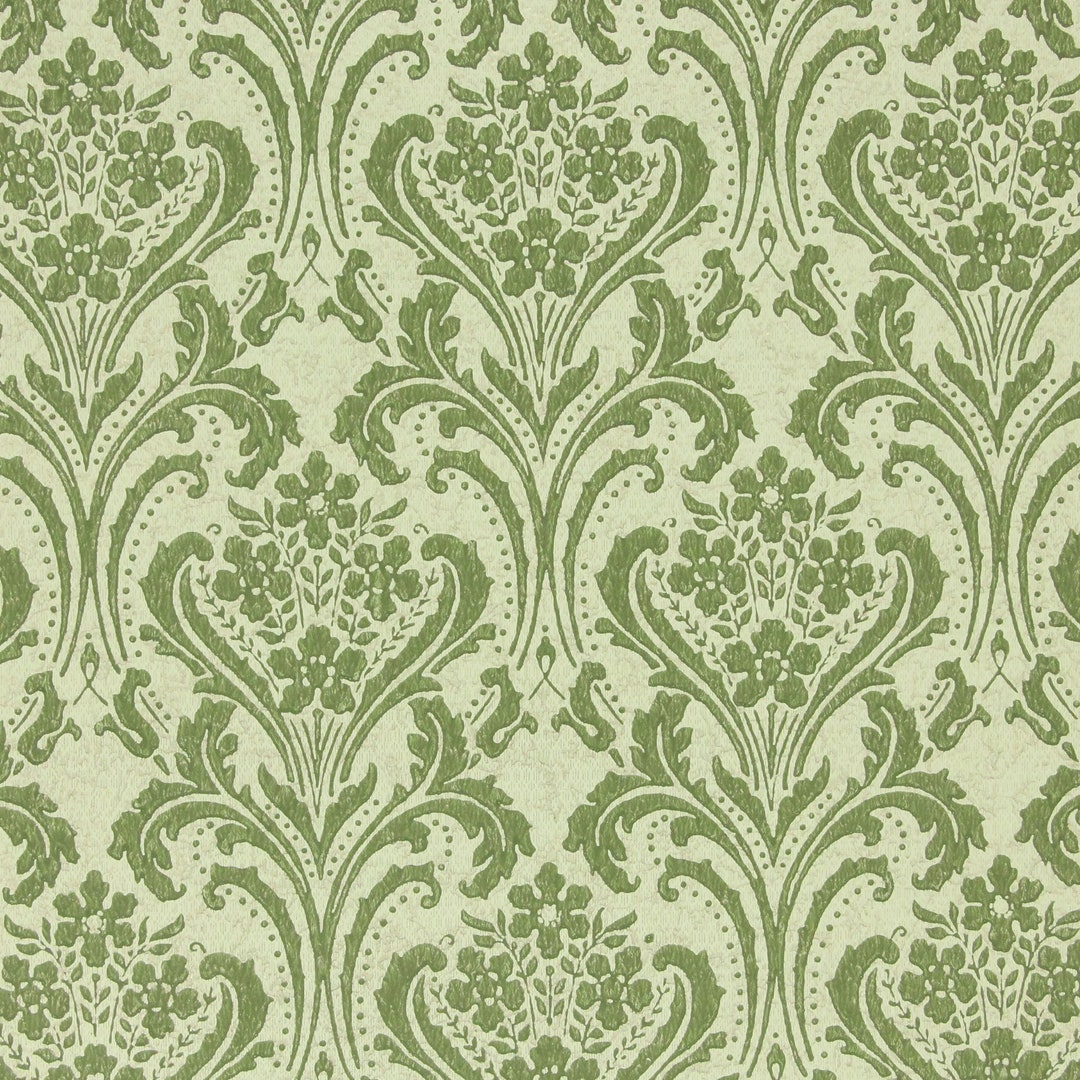 1960s Vintage Wallpaper - Green Damask on Gold-green Textured, Sold by ...