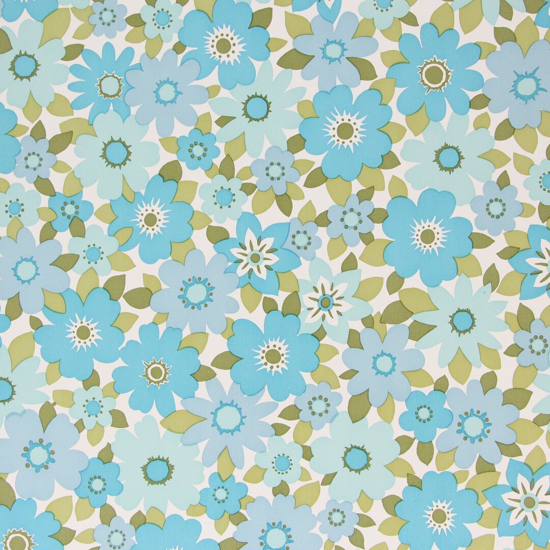 1970s Retro Vintage Wallpaper - Aqua Blue Flowers on White Vinyl, Sold ...