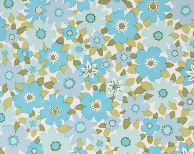 1970s Retro Vintage Wallpaper - Aqua Blue Flowers on White Vinyl, Sold ...