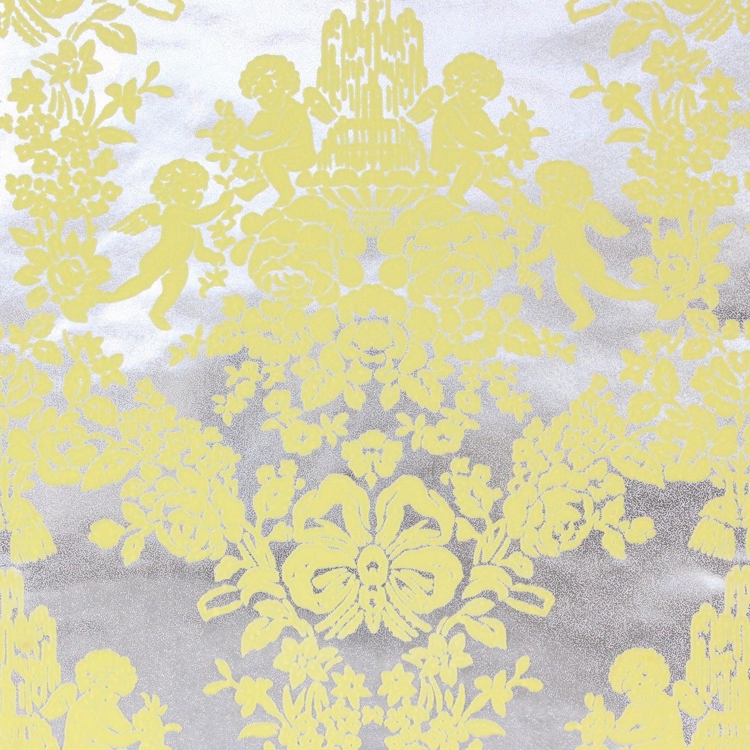 1970s Flock Vintage Wallpaper - Yellow Flock Cherubs Roses Bows on Foil ...